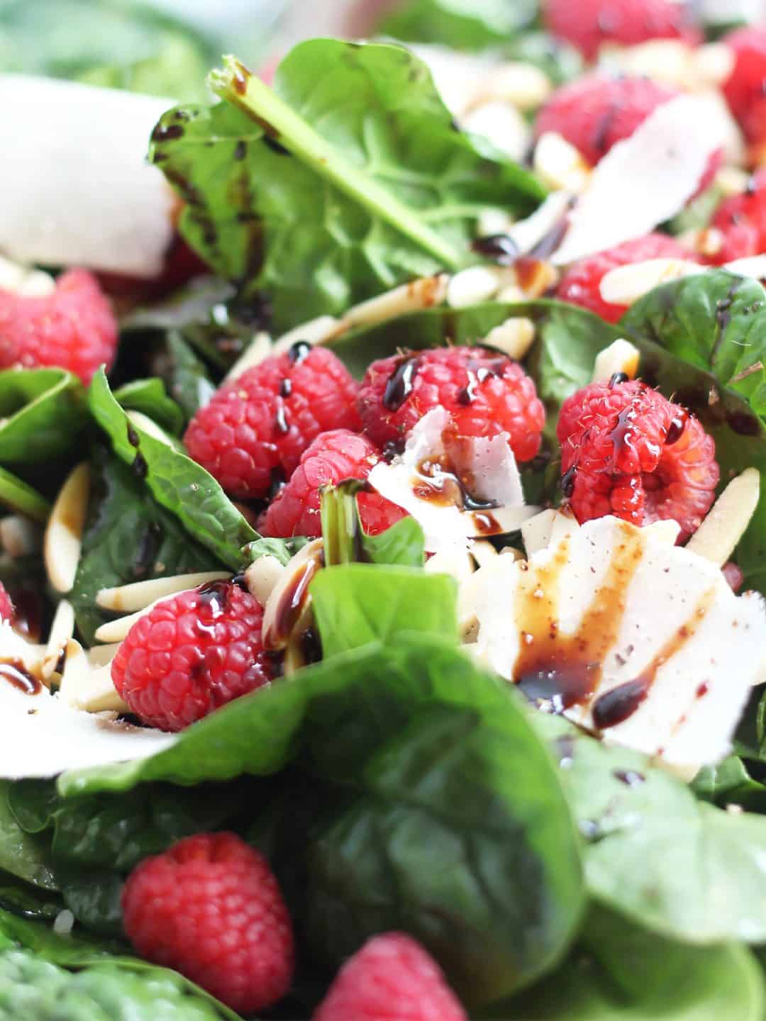 Spinach Raspberry Salad with Balsamic Reduction - Bite On The Side